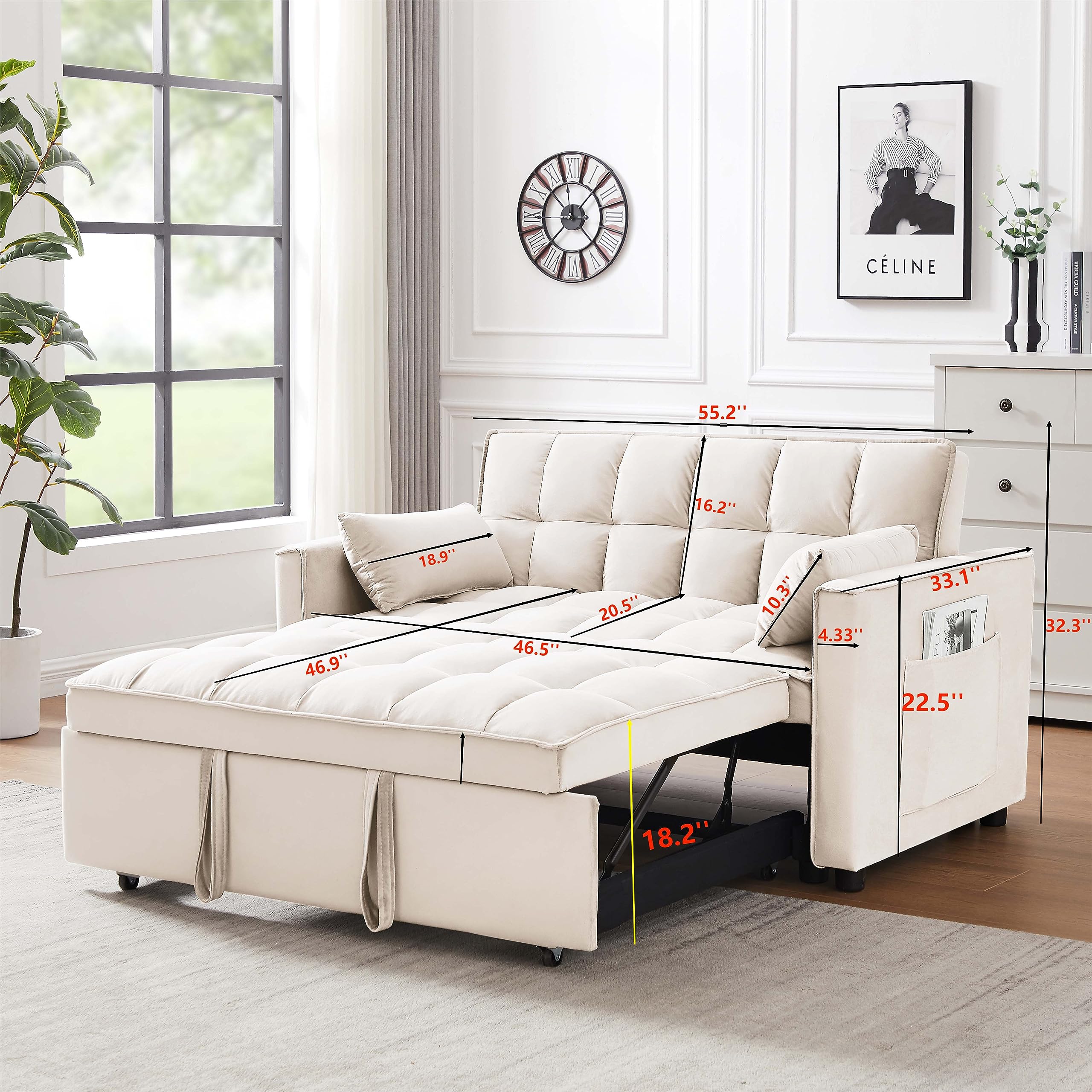 Merax 55.11" Modern 3 in 1 Velvet Convertible Sleeper Sofa Bed,Small Love Seat Lounge Sofa w/Reclining Backrest,Toss Pillows,Pockets,Loveseat Futon Sofa Couch Pullout Bed for Living Room,Beige