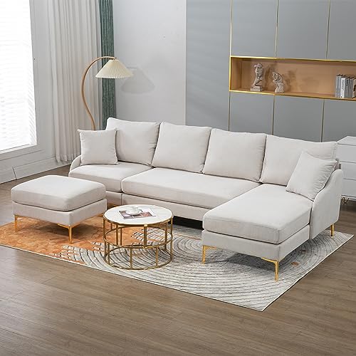 FANYE 110'' Modern Reversible Chaise Sectional U-Shaped Convertible, 4-Seat Polyester Blend Upholstered Sofa & Couch with 2 Pillows and Metal Legs for Home Apartment Office Living Room, Green, Beige
