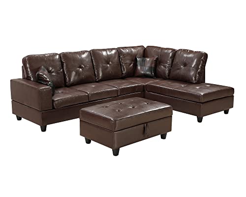FANYE L-Shaped Corner 5 Seaters Sectional Sofa with Left Chaise & Storage Ottoman,Modern Faux Leather Sectional & Sofa Couch with 2 Pillows for Home Office Apartment Living Room Furniture Sets, Brown