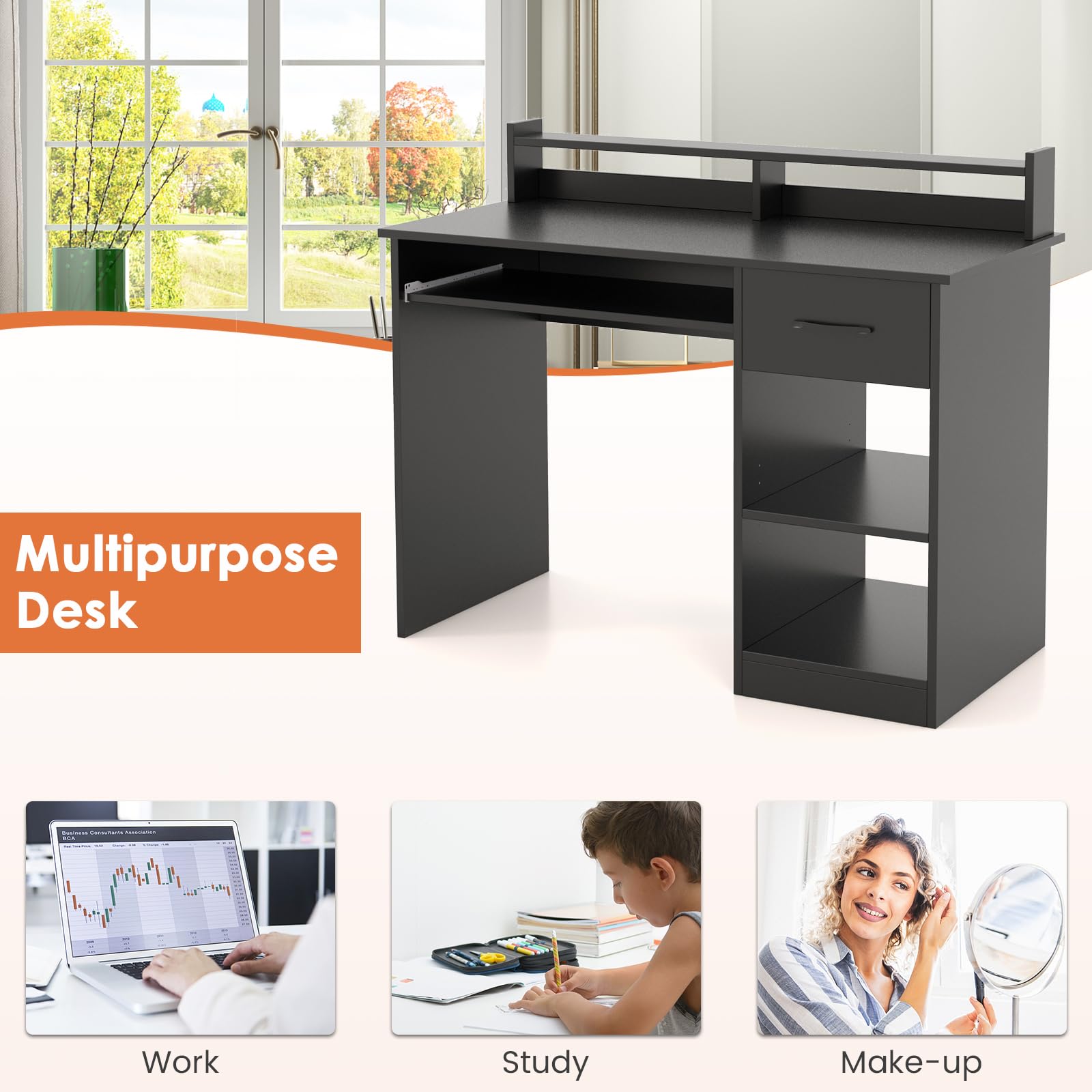 IFANNY Computer Desk, Office Desk with Drawers, Hutch, Keyboard Tray & Adjustable Shelf, Small Desk with Storage, Modern Home Office Desks, Black Desk for Bedroom, Living Room, Study (Black)