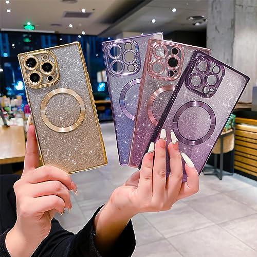 VirgoCCY for iPhone 14 Pro Max Case, Compatible with MagSafe, Full Protection Magnetic Glitter Case, Luxurly Cute Plated Bling Sparkly Phone Cases for iPhone 14 Pro Max for Women Girls, Purple