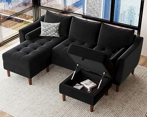 Belffin Black Velvet Fabric U Shaped Sectional Couch with Chaise Small Reversible Sectional Sofa Couch 4-Seater Sectional Sofa Sleeper with Storage Ottoman Foot Rest for Apartment