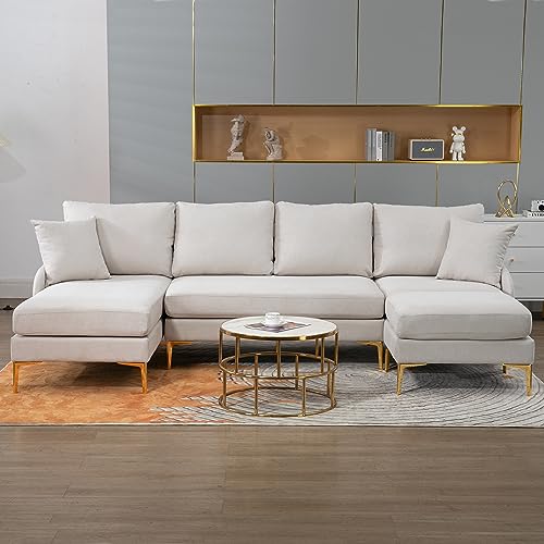 FANYE 110'' Modern Reversible Chaise Sectional U-Shaped Convertible, 4-Seat Polyester Blend Upholstered Sofa & Couch with 2 Pillows and Metal Legs for Home Apartment Office Living Room, Green, Beige