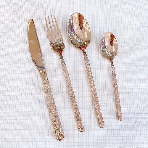 Silverware Set Flatware Rose Gold Hammered Cutlery Utensil Food-Grade Stainless Steel,Home Restaurant Small Business,Mirror Finish Tableware 24 Piece Service for 6