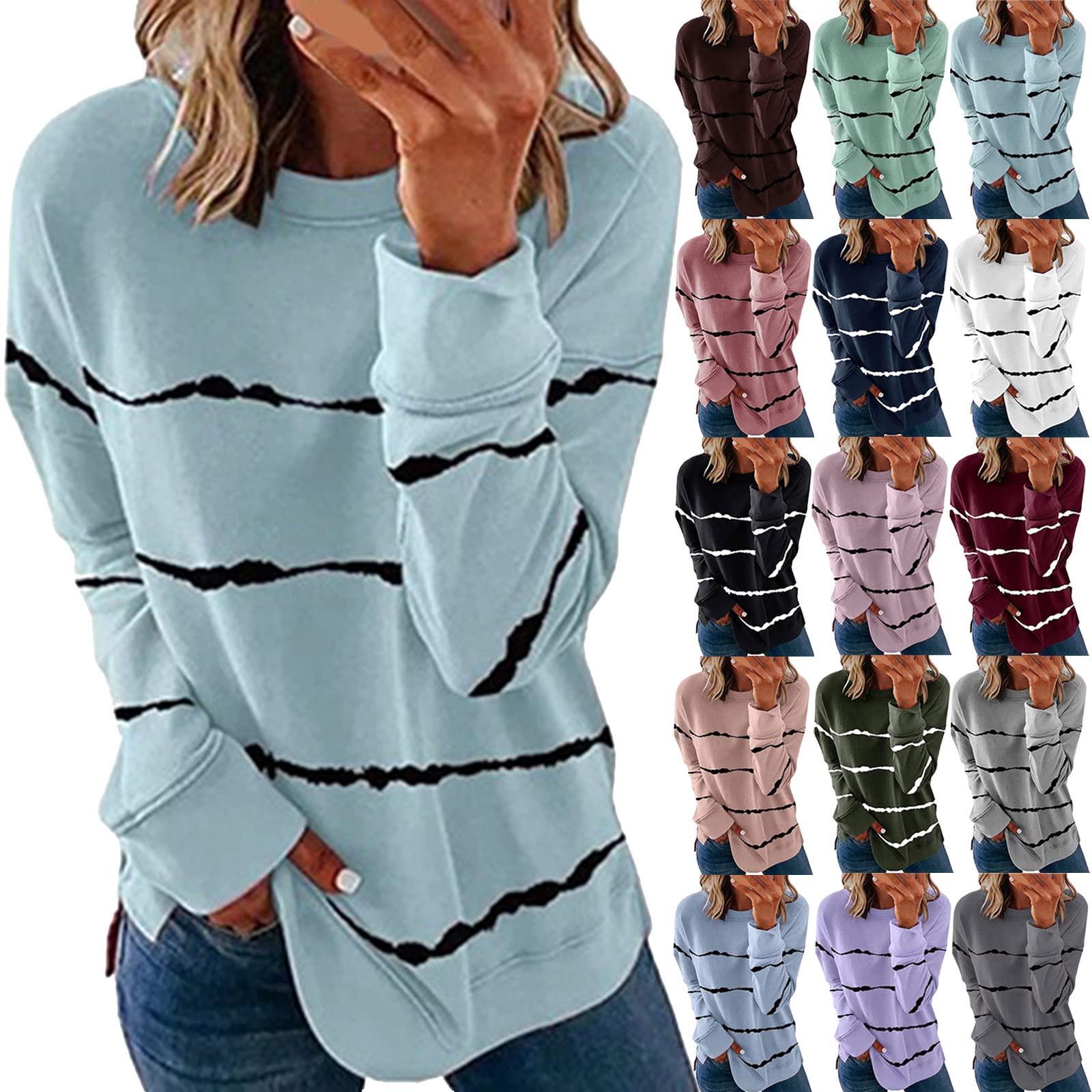 Fall Tops for Women, Women's Sweatshirts Crewneck Long Sleeve Striped Printed Loose Pullover Comfy Blouse Tunic Shirt