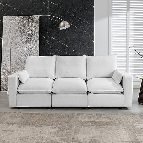 Modern Sofa with Removable Back and Seat Cushions ,Upholstered Comfy Sofa Couch with 2 Pillows,Small 3 Seater Loveseat Sofa for Living Room,Small Space,Bedroom,Apartment,Studio(White)