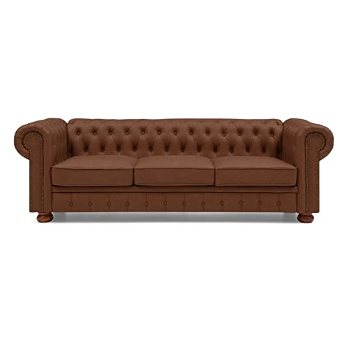 TARTOP Classic Chesterfield Sofa Leather, Modern PU Tufted Couch 3 Seater with Rolled Arms and Nailhead for Living Room, Bedroom, Office, Apartment,Brown