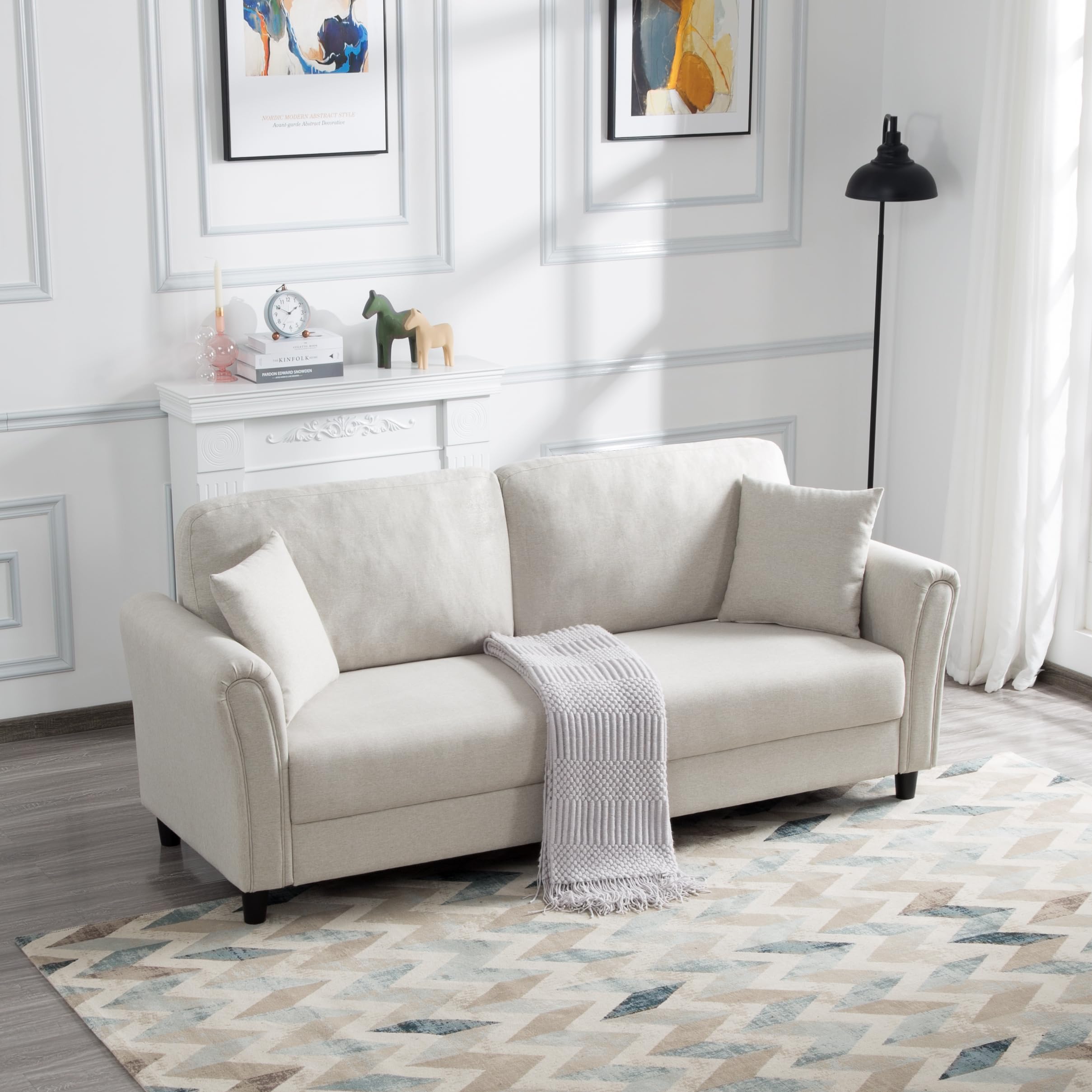 Lepfun 81.5” Loveseat Sofa, Mid Century Modern Linen Fabric 3-Seater Love Seat Couch with Curved Armrest for Living Room, Bedroom, Apartment and Small Space (Beige)