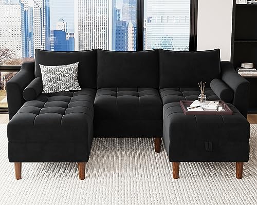 Belffin Black Velvet Fabric U Shaped Sectional Couch with Chaise Small Reversible Sectional Sofa Couch 4-Seater Sectional Sofa Sleeper with Storage Ottoman Foot Rest for Apartment