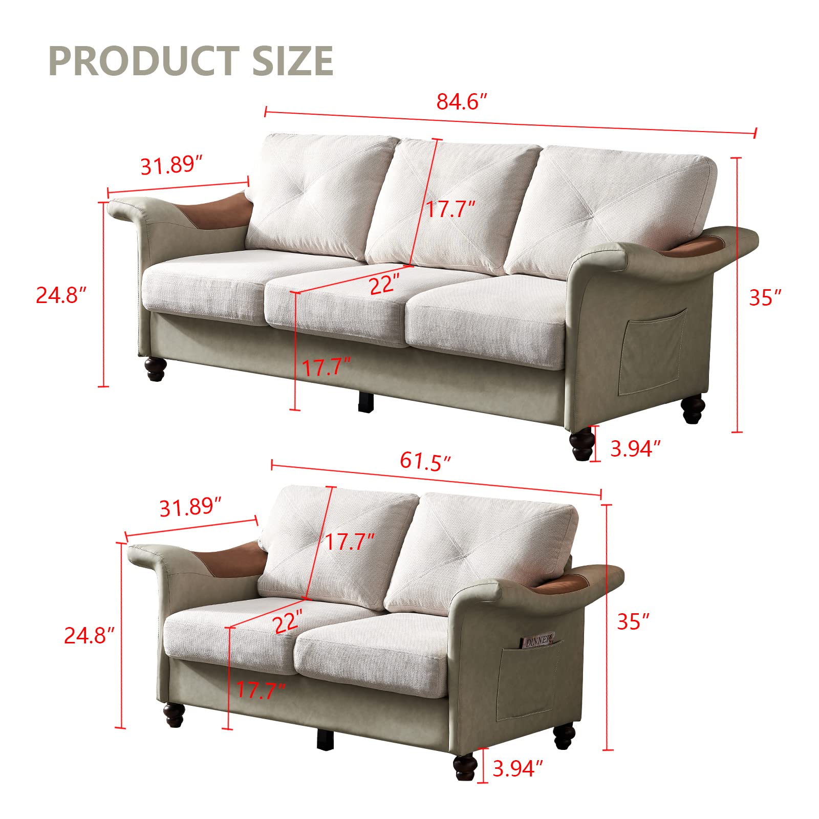 TARTOP Furniture Linen Fabric Faux Leather Sofa & Solid Wood Legs Upholstered Couches Sets with 2+3-Seat Sofa, Loveseat for Living Room,Beige
