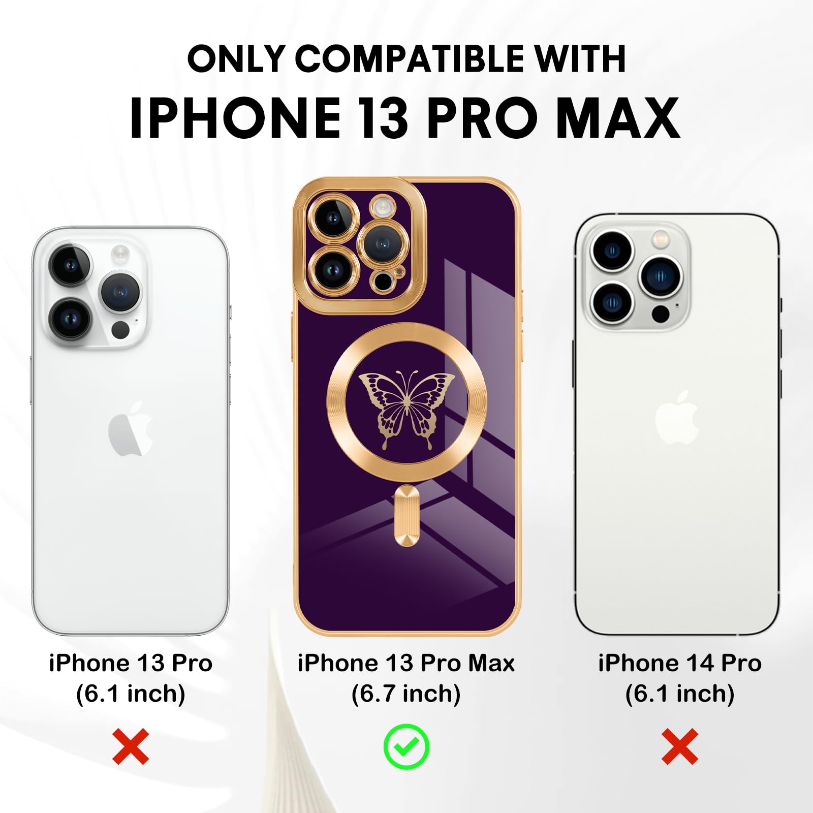 Newseego for iPhone 13 Pro Max Magnetic Case, Cute Butterfly Plating Edge Case for Women Girls Men Soft TPU Bumper Shockproof Camera Protective Cover for iPhone 13 Pro Max-Purple