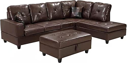 FANYE L-Shaped Corner 5 Seaters Sectional Sofa with Left Chaise & Storage Ottoman,Modern Faux Leather Sectional & Sofa Couch with 2 Pillows for Home Office Apartment Living Room Furniture Sets, Brown