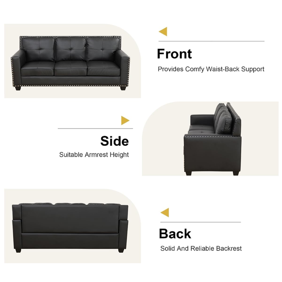 Mlxgoie Faux Leather 3-Seater Upholstered Sofa Couch, 79.5 Inch, Black