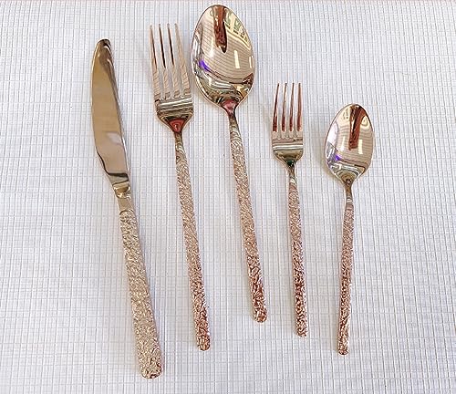 Silverware Set Flatware Rose Gold Hammered Cutlery Utensil Food-Grade Stainless Steel,Home Restaurant Small Business,Mirror Finish Tableware 24 Piece Service for 6