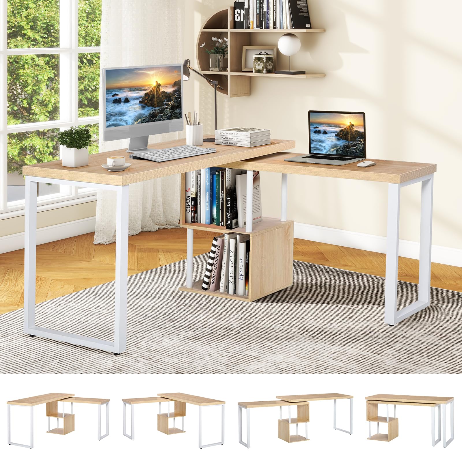 IULULU Computer Desk, 360° Rotating Corner L Shaped Table with Storage Shelves, Home Office Study Writing Workstation Space-Saving
