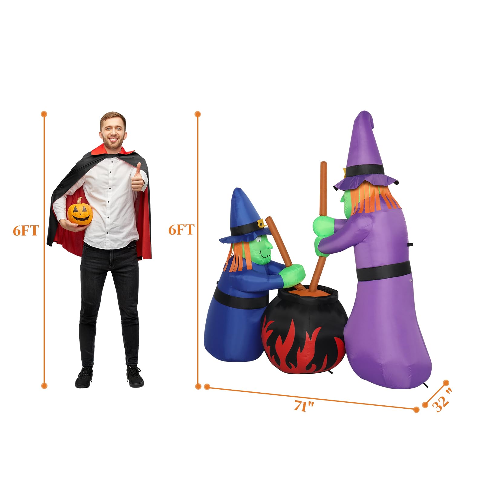 6FT Garden 5pcs LED String Lights Two Witches with Pots Inflatable Halloween Decoration for Holiday/Party/Yard/Garden