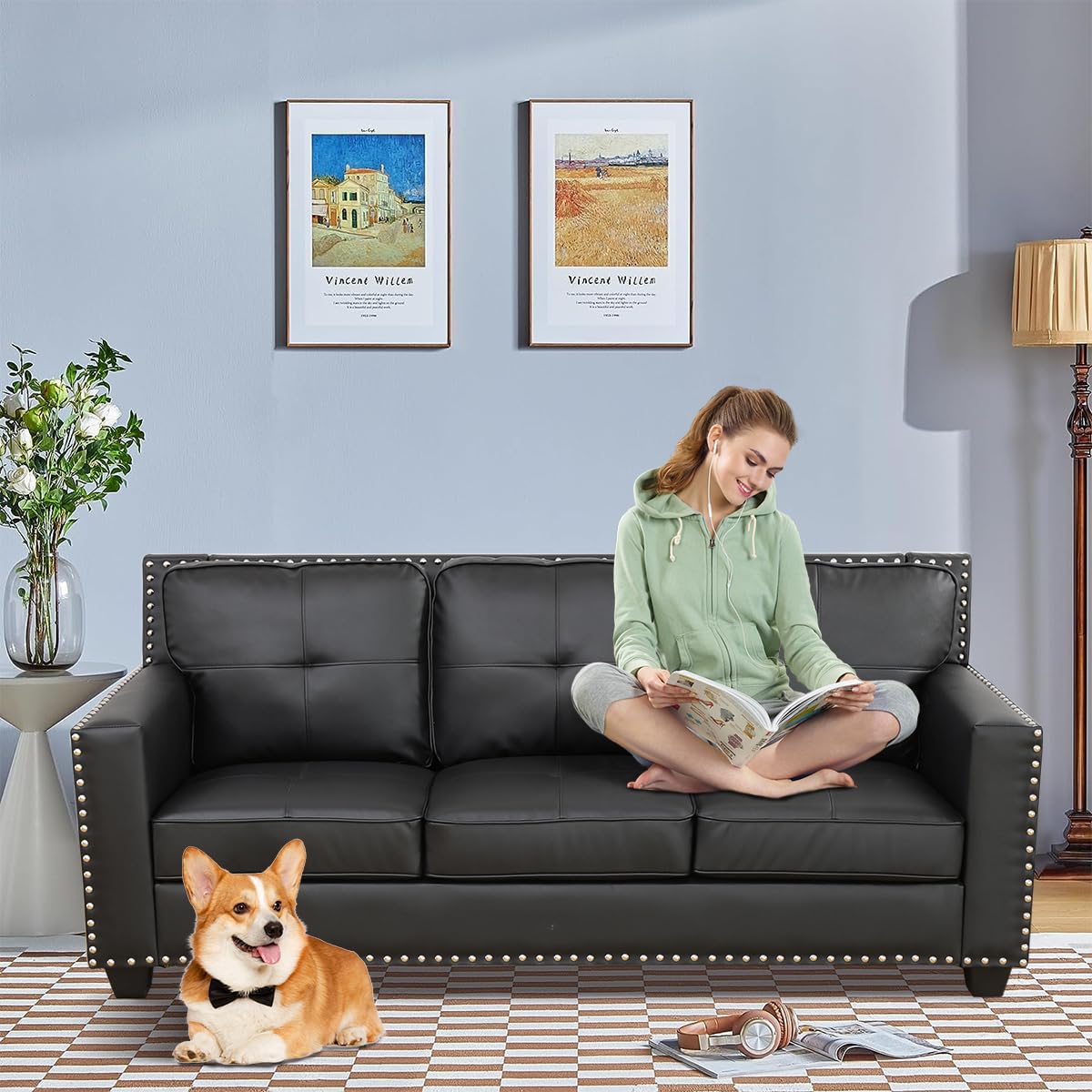 Mlxgoie Faux Leather 3-Seater Upholstered Sofa Couch, 79.5 Inch, Black
