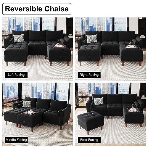 Belffin Black Velvet Fabric U Shaped Sectional Couch with Chaise Small Reversible Sectional Sofa Couch 4-Seater Sectional Sofa Sleeper with Storage Ottoman Foot Rest for Apartment