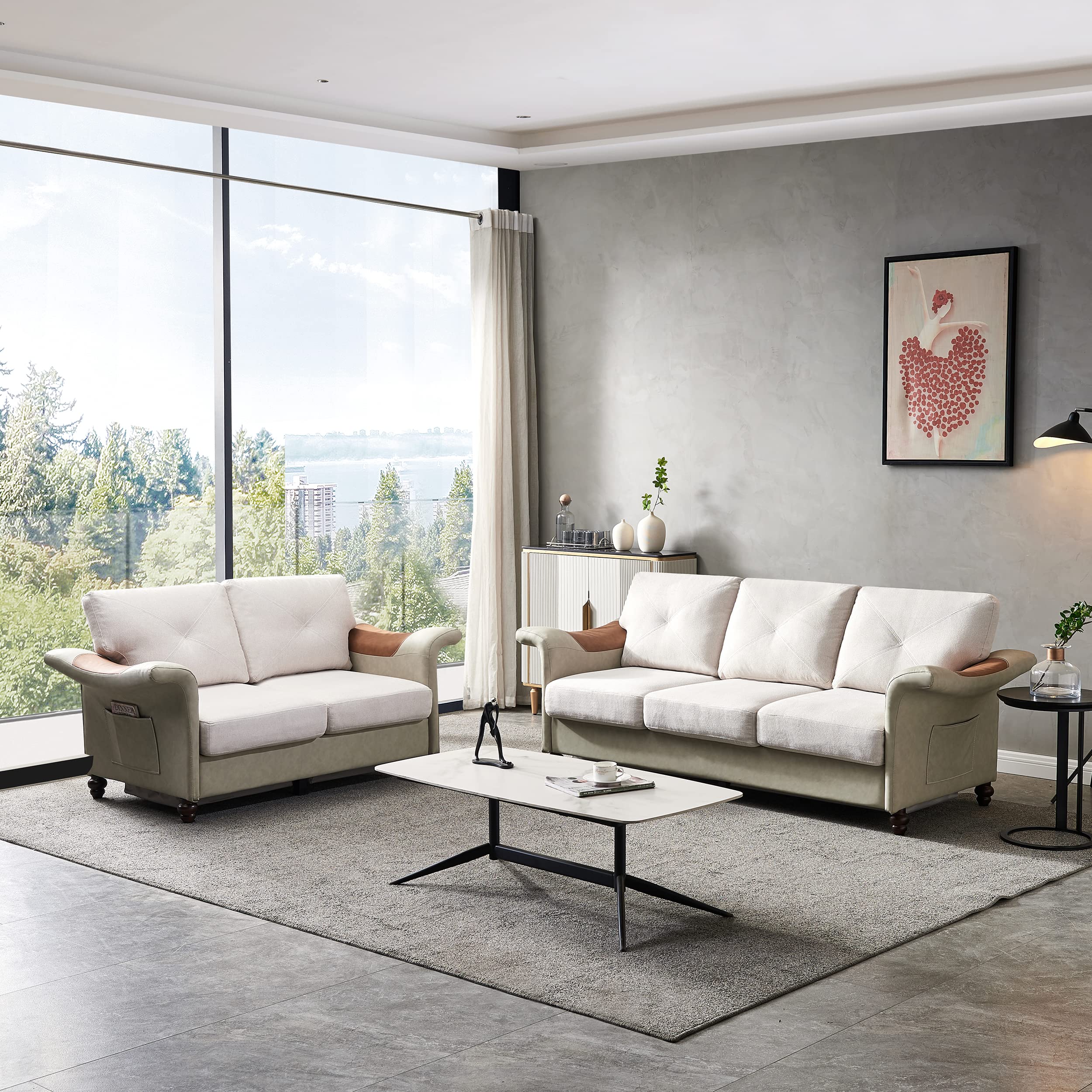 TARTOP Furniture Linen Fabric Faux Leather Sofa & Solid Wood Legs Upholstered Couches Sets with 2+3-Seat Sofa, Loveseat for Living Room,Beige