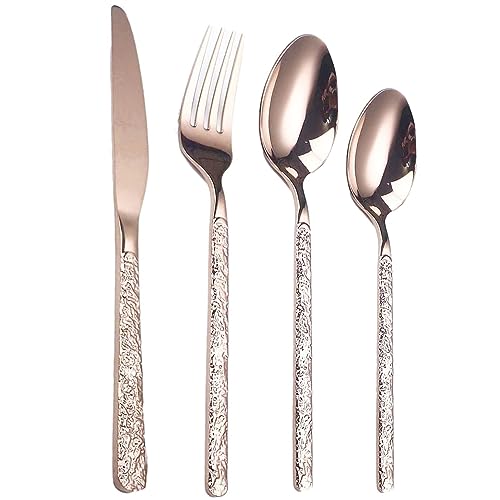 Silverware Set Flatware Rose Gold Hammered Cutlery Utensil Food-Grade Stainless Steel，Home Restaurant Small Business,Mirror Finish Tableware 24 Piece Service for 6