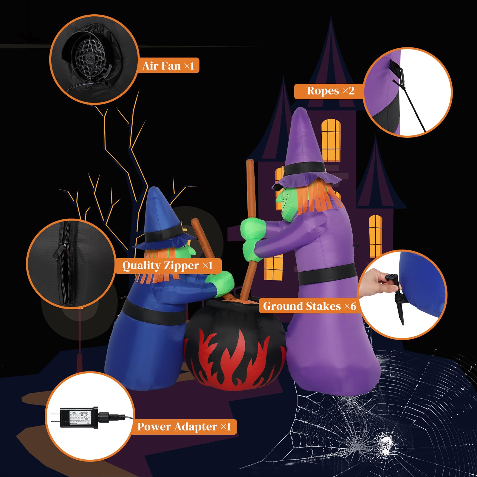 6FT Garden 5pcs LED String Lights Two Witches with Pots Inflatable Halloween Decoration for Holiday/Party/Yard/Garden