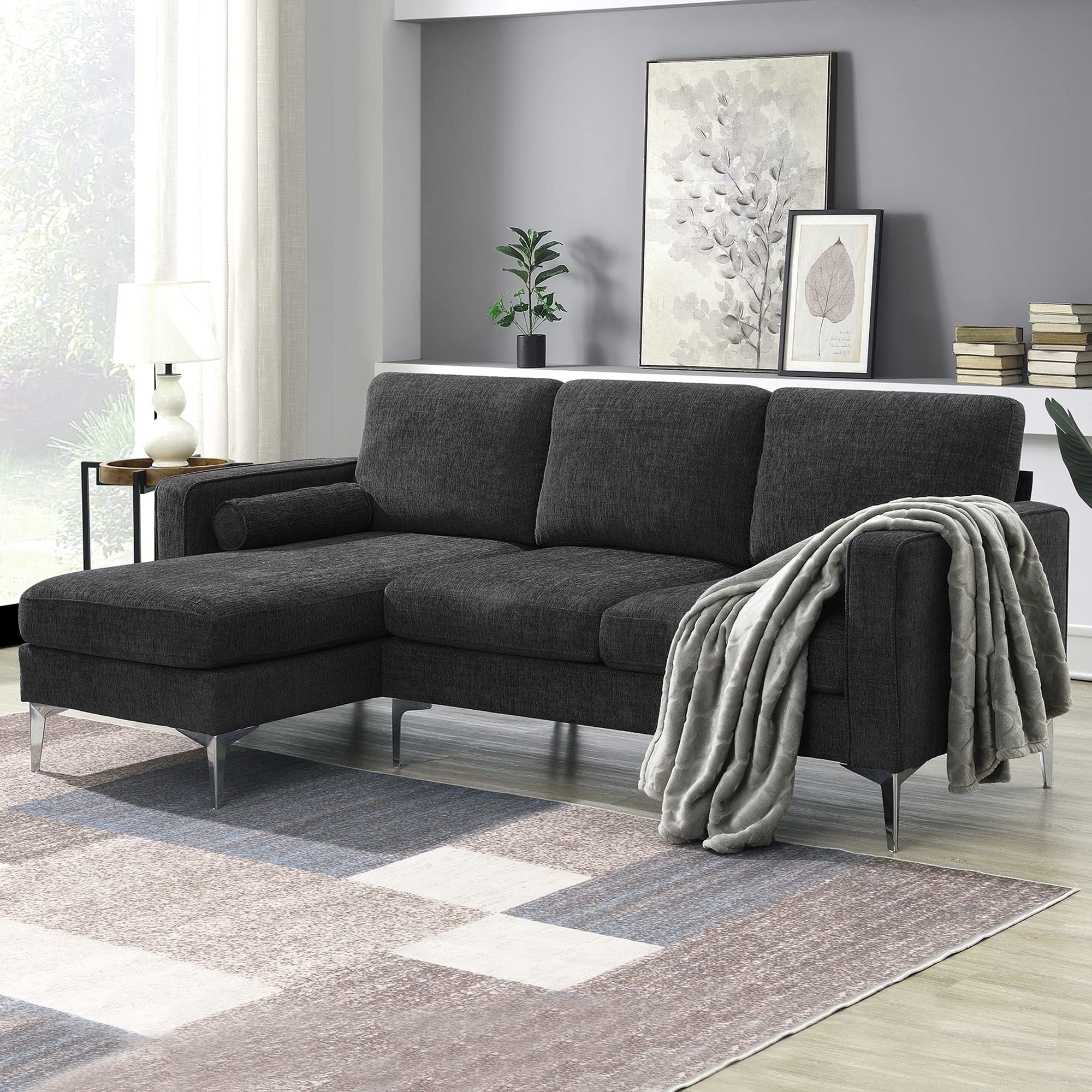POCIYIHOME 86" Convertible Sectional 2 Pillows, Modern Chenille L-Shaped Couch with Reversible Chaise Lounge, 3-Seater Sofa, Fit for Living Room,Office,Apartment, Polyester, Dark Grey