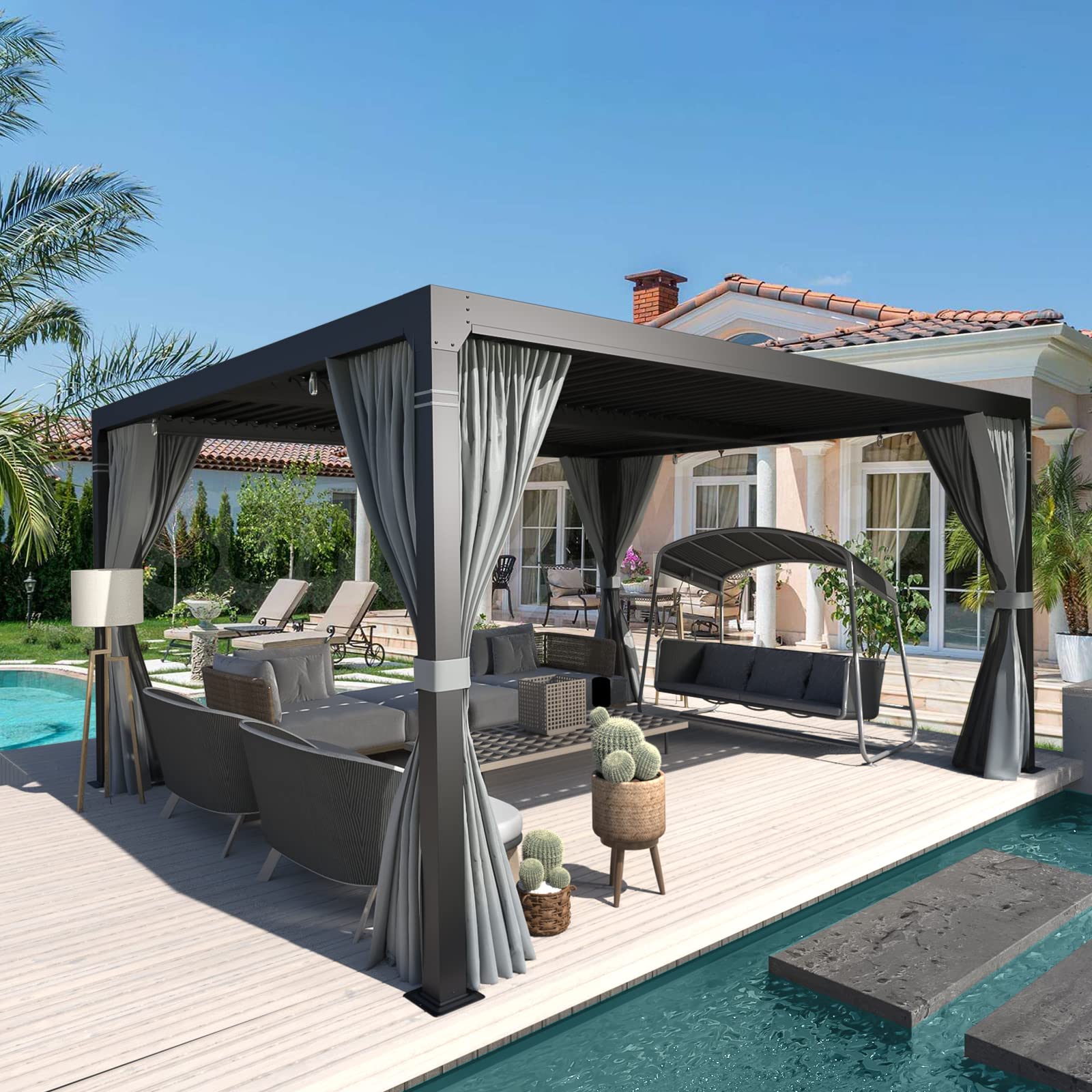 EROMMY 10X12 Pergola Louvered Outdoor Hard Top Pergola with Aluminum Frame and Adjustable Metal Rainproof Roof for Garden & Patio, Curtains and Netting Included, Whiteโฆ