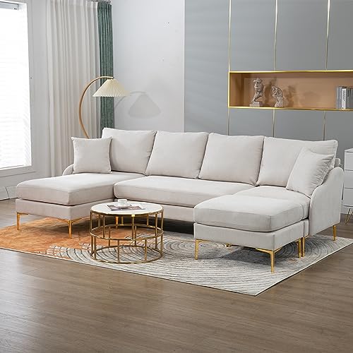FANYE 110'' Modern Reversible Chaise Sectional U-Shaped Convertible, 4-Seat Polyester Blend Upholstered Sofa & Couch with 2 Pillows and Metal Legs for Home Apartment Office Living Room, Green, Beige