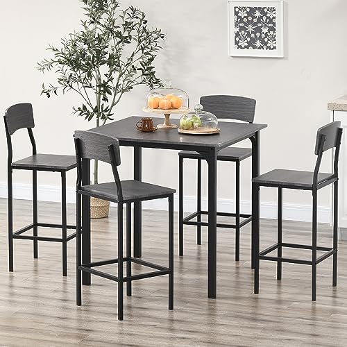 HOMCOM Counter Height Bar Table Set for 4, Square Kitchen Table and Chairs Set with Footrest, Metal Legs, Industrial Dinner Table Set for 4, Gray