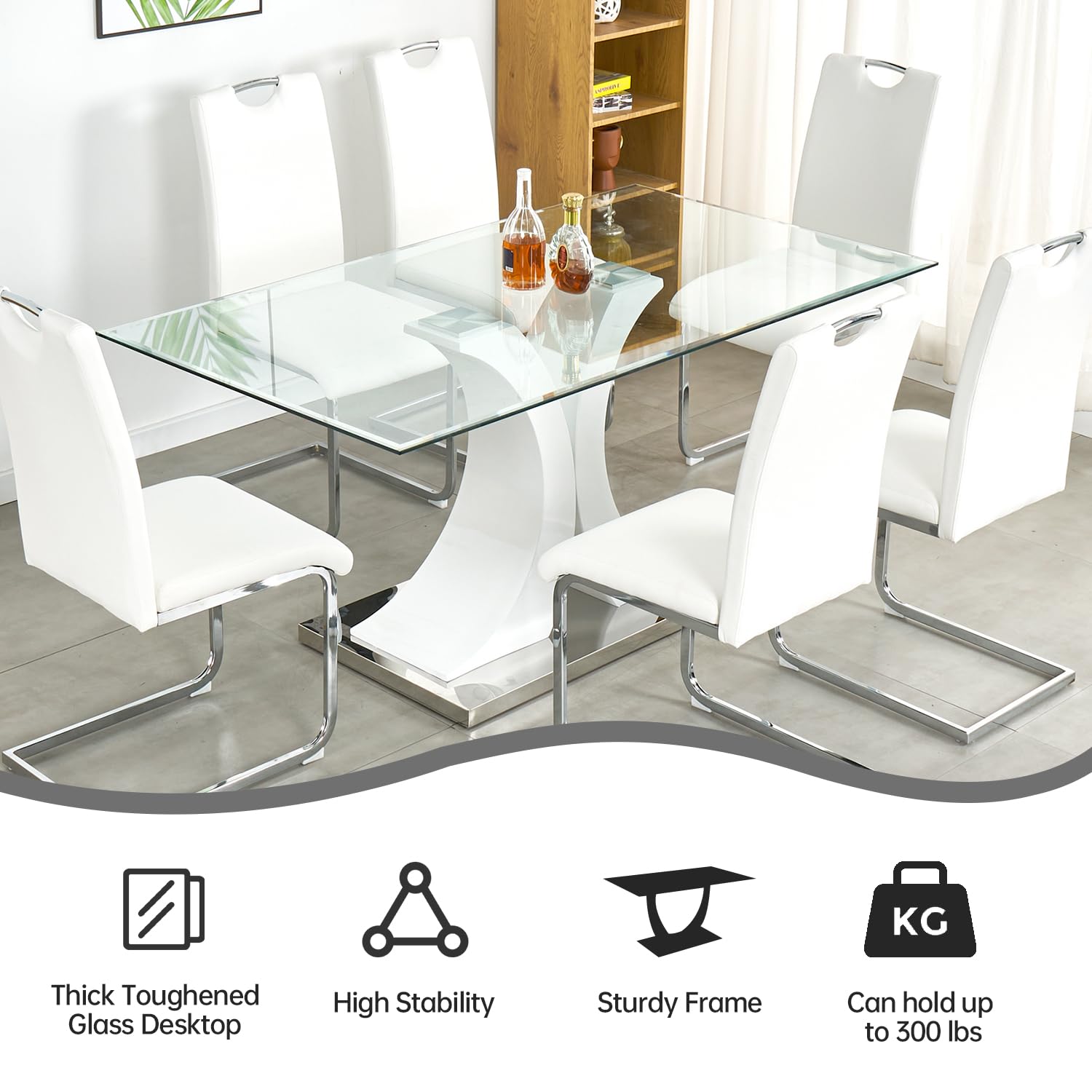 63" Glass Dining Table for 4 to 6 Modern Kitchen Table Tempered Glass Dining Room Table with Rectangular Glass Tabletop and X-Shape Pedestal Base Dining Table for Dining Room Kitchen (White)