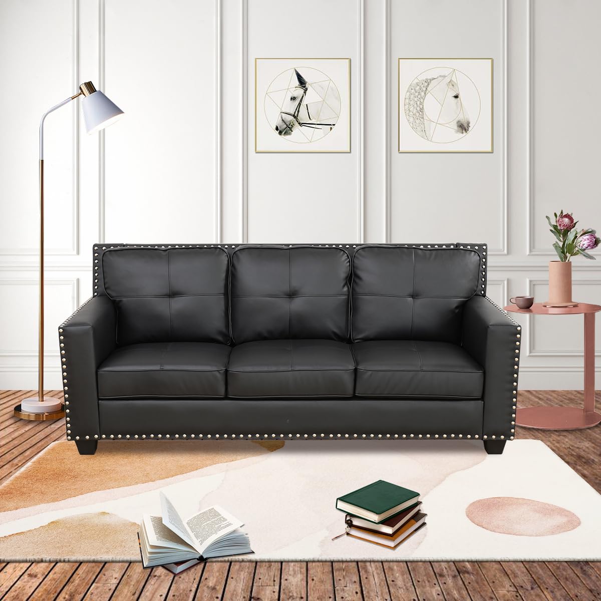 Mlxgoie Faux Leather 3-Seater Upholstered Sofa Couch, 79.5 Inch, Black