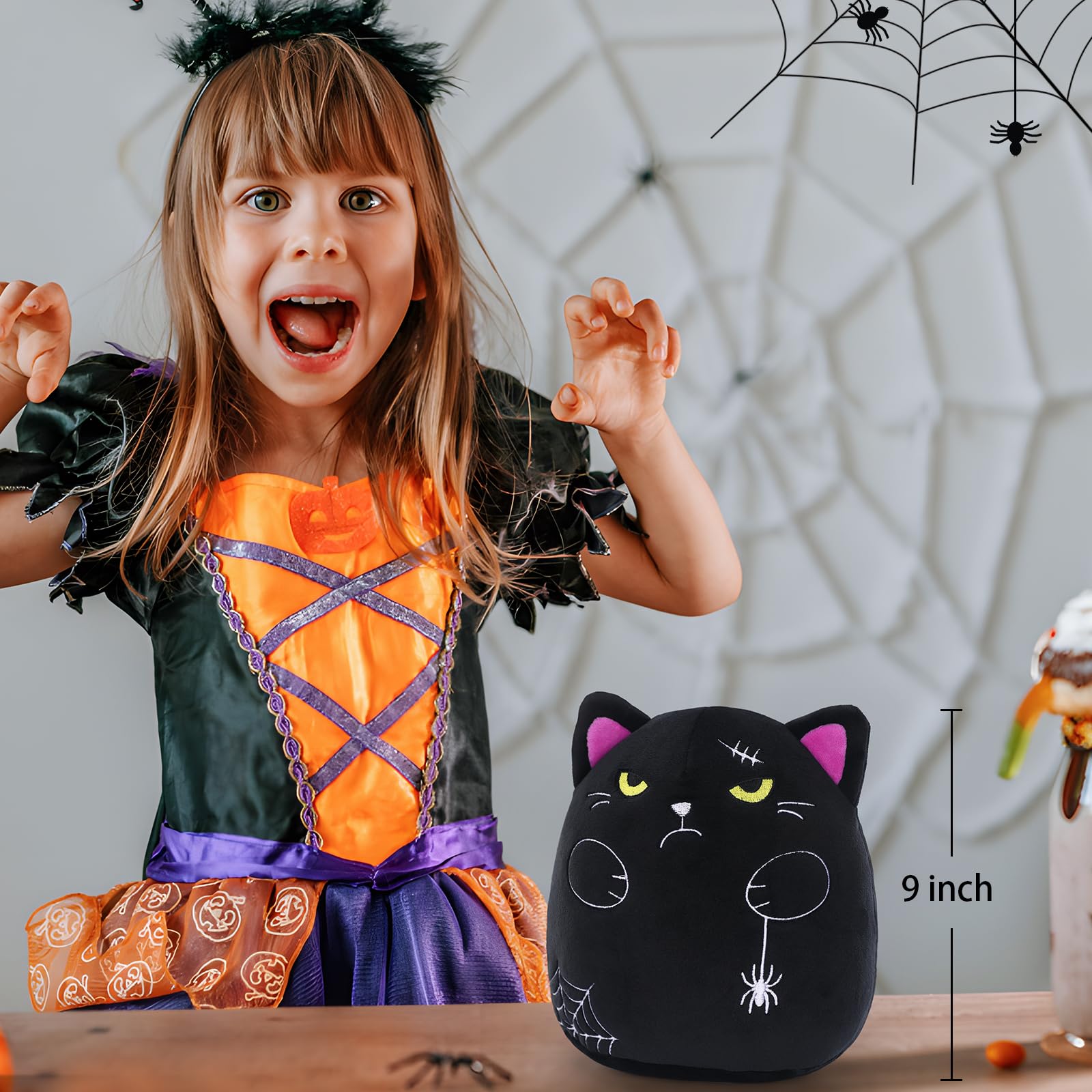 cheerdecor Black Cat Plush - 9" Halloween Cat Stuffed Animals Cool Cat Plush Pillow Soft Cat Plushie with Spider Toy Black Cat Plushies Gift Kids Creepy Cute Spider Black Cat Plush Pillow - Ebon