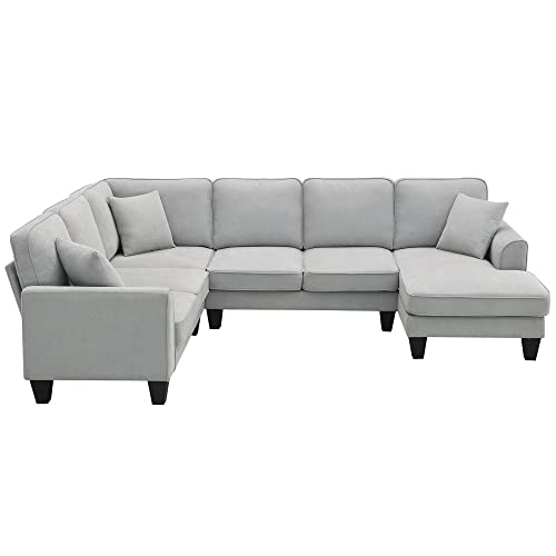 FANYE Modern U-Shaped Upholstered Left Chaise Lounge Sectional, 7 Seaters Sofá Oversized Corner Sofa & Couch with 3 Pillows and Square Plastic Legs for House,Apartment, Office Living Room, Dark Gray