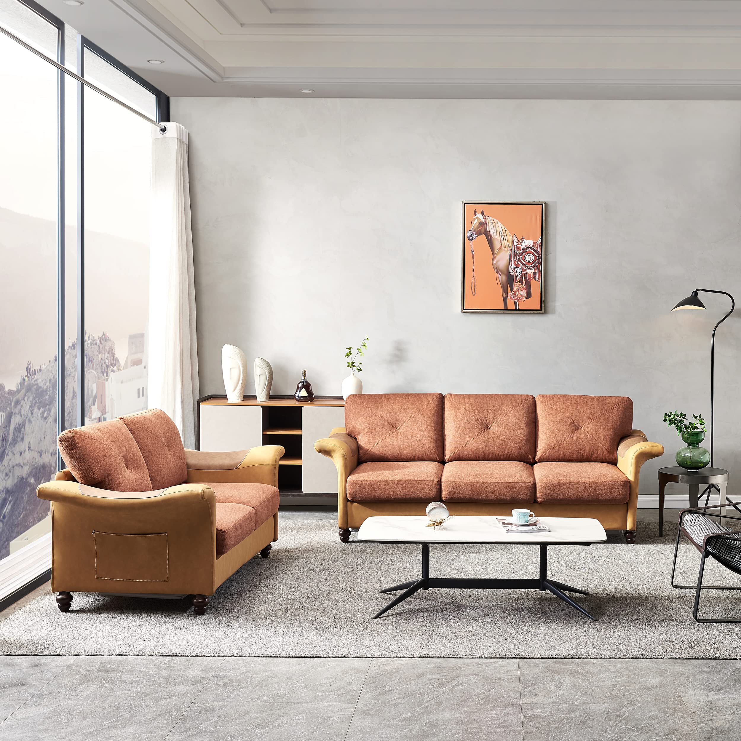 TARTOP Furniture Linen Fabric Faux Leather Solid Wood Legs Upholstered Couches Sets with 2+3-Seat Sofa, Loveseat for Living Room,Brown