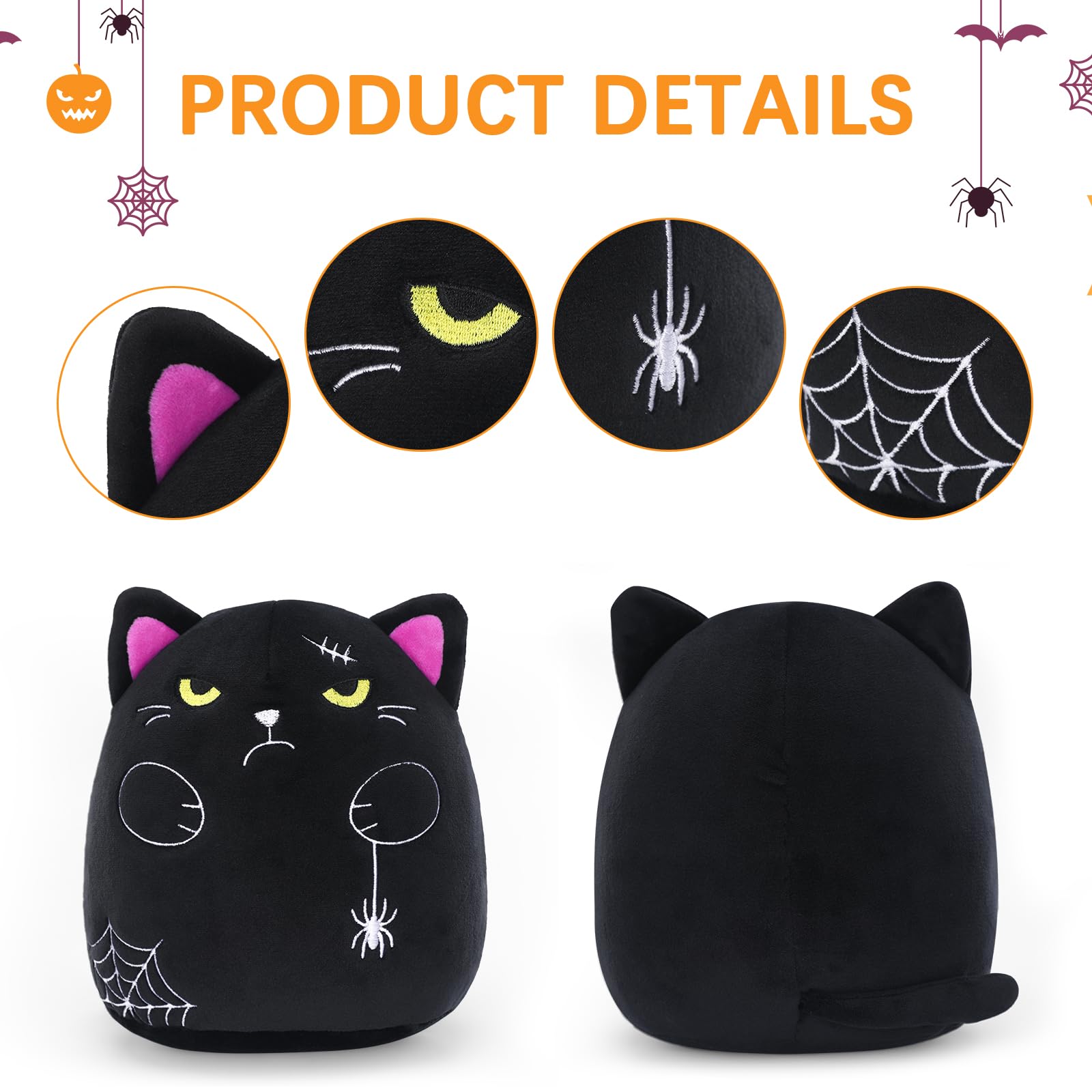 cheerdecor Black Cat Plush - 9" Halloween Cat Stuffed Animals Cool Cat Plush Pillow Soft Cat Plushie with Spider Toy Black Cat Plushies Gift Kids Creepy Cute Spider Black Cat Plush Pillow - Ebon