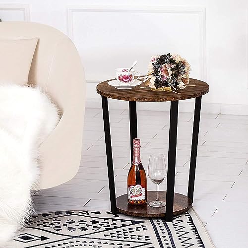 GOOD & GRACIOUS Round End Side Table with Storage Shelf for Living Room Sofa Couch End Tables with Sturdy Metal Frame Bedside Accent Table with Metal Frame for Small Spaces, Bedroom, Brown