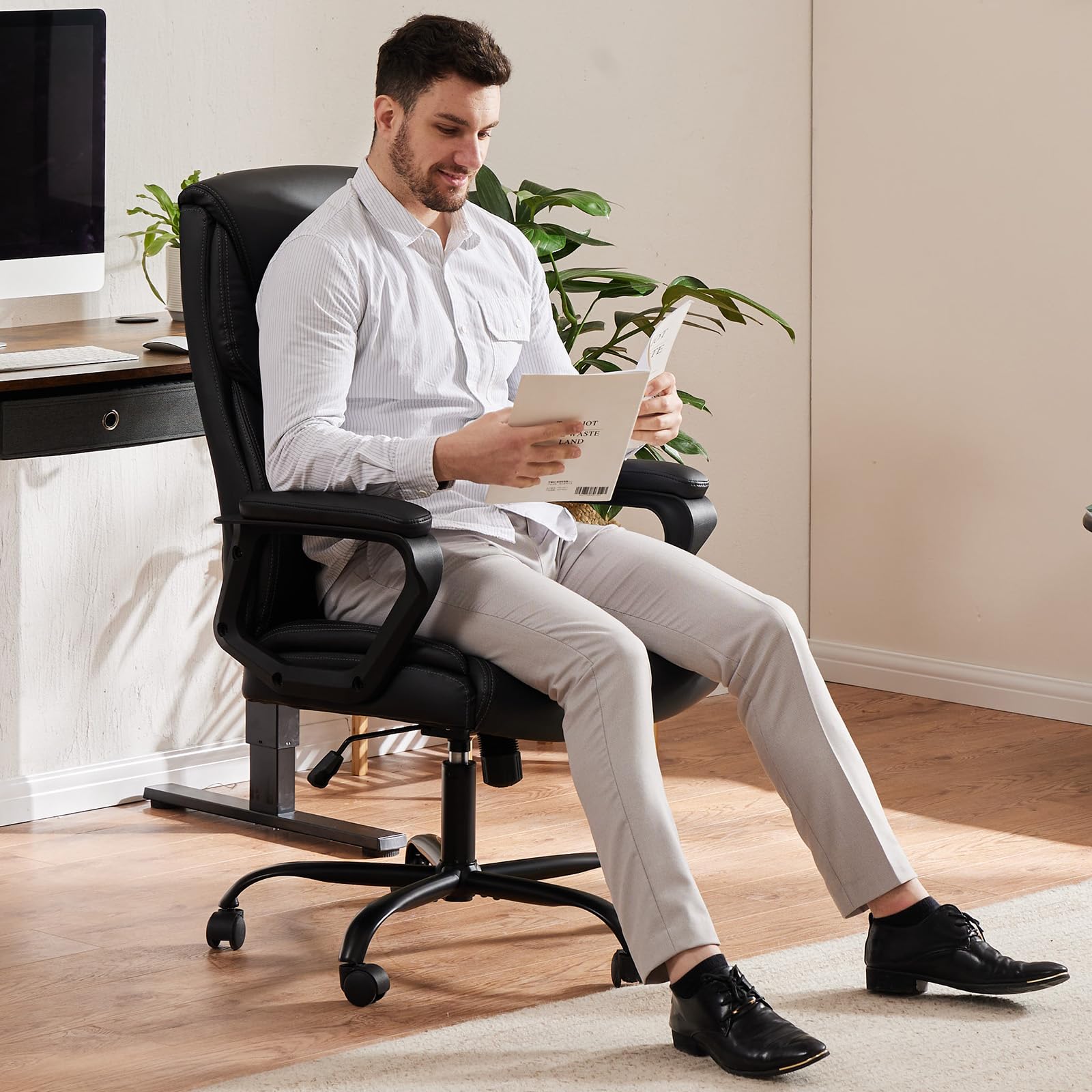 Office Desk Chair Ergonomic Rolling Swivel Home Office Desk Chairs,High Back Computer Chair PU Leather Executive Task Chair with Padded Armrests/Adjustable Height/Tilt,Black
