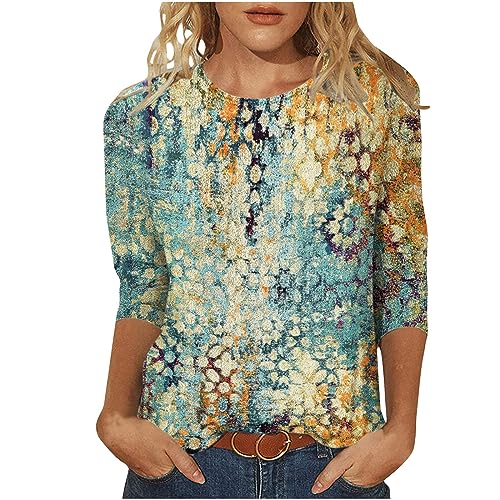 Summer Shirts for Women 2023 Trendy Womens Tops 3/4 Length Sleeves Shirts Slim Fit Vintage Floral Print Tshirts Fall Summer Casual Crewneck Cute Blouse