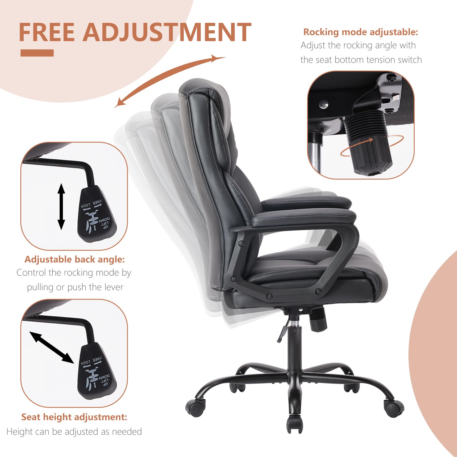 Office Desk Chair Ergonomic Rolling Swivel Home Office Desk Chairs,High Back Computer Chair PU Leather Executive Task Chair with Padded Armrests/Adjustable Height/Tilt,Black