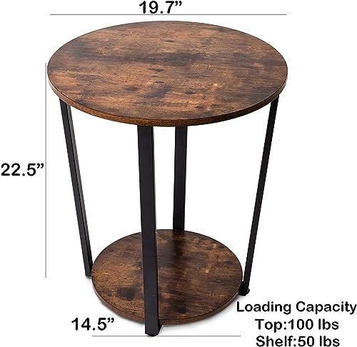 GOOD & GRACIOUS Round End Side Table with Storage Shelf for Living Room Sofa Couch End Tables with Sturdy Metal Frame Bedside Accent Table with Metal Frame for Small Spaces, Bedroom, Brown