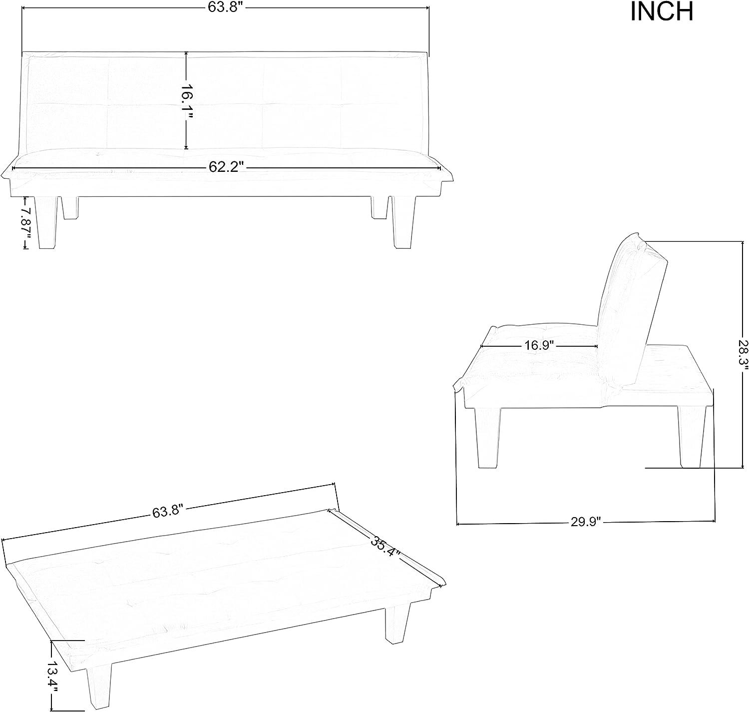 LCH Convertible Folding Sofa Bed, Futon Sofabed with 3 Adjustable Positions for Living Room, Home, 63.8” x29.9”x 28.3”, Black