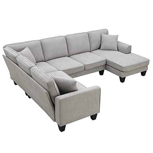 FANYE Modern U-Shaped Upholstered Left Chaise Lounge Sectional, 7 Seaters Sofá Oversized Corner Sofa & Couch with 3 Pillows and Square Plastic Legs for House,Apartment, Office Living Room, Dark Gray