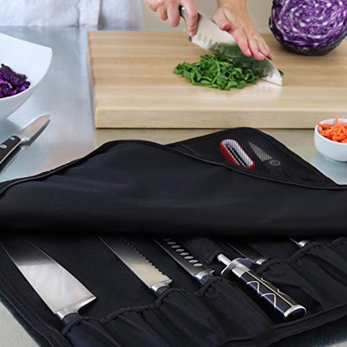 Chef Knife Bag (8+ Slots) is Padded and Holds 8 Knives PLUS Your Meat Cleaver, Knife Steel, 4 Utensils, and a Zipped Pouch for Tools! Durable Knife Carrier also Includes a Name Card Holder. (Bag Only)