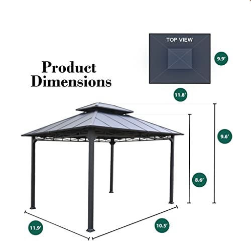 ZGJHFF 12 Ft. X 10 Ft. Black 2-Tier Double Roof Metal Hard Top Gazebo with Curtains and Netting