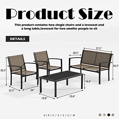 Greesum GS-LCT4PCSBN 4 Pieces Patio Furniture Set Outdoor Conversation Textilene Fabric Chairs for Lawn, Garden, Balcony, Poolside with A Glass Coffee Table, Brown