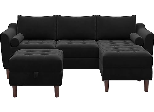 Belffin Black Velvet Fabric U Shaped Sectional Couch with Chaise Small Reversible Sectional Sofa Couch 4-Seater Sectional Sofa Sleeper with Storage Ottoman Foot Rest for Apartment