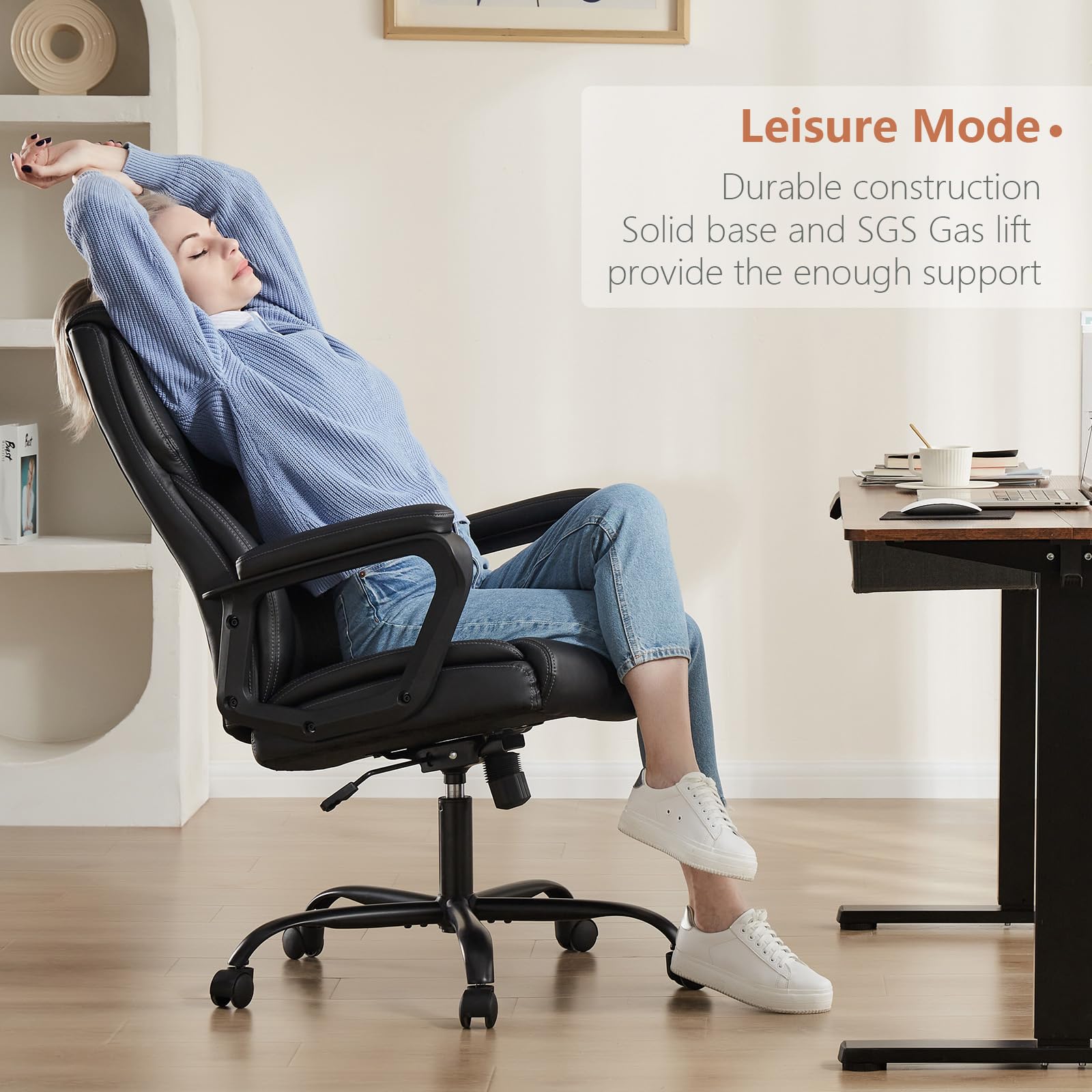 Office Desk Chair Ergonomic Rolling Swivel Home Office Desk Chairs,High Back Computer Chair PU Leather Executive Task Chair with Padded Armrests/Adjustable Height/Tilt,Black