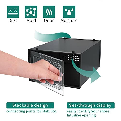 OTHZON 12 Pack Shoe Storage Box, Clear Plastic Stackable Shoe Organizer for Closet, Space Saving Foldable Shoe Sneaker Containers Bins Holders (Black) Great for Saving Closet Space GPJCFCDUS