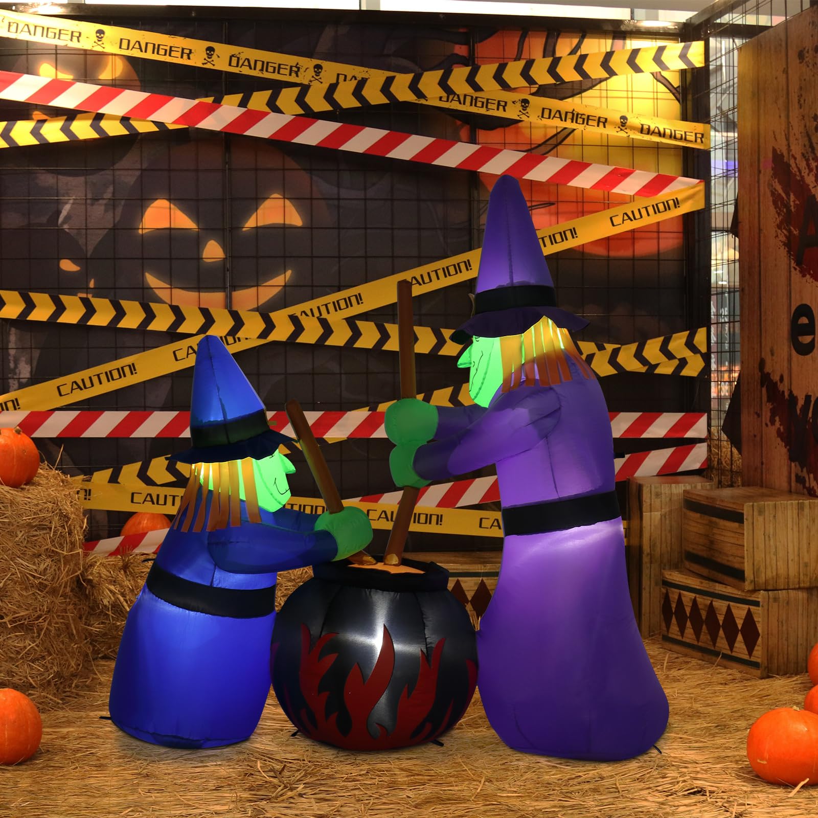 6FT Garden 5pcs LED String Lights Two Witches with Pots Inflatable Halloween Decoration for Holiday/Party/Yard/Garden