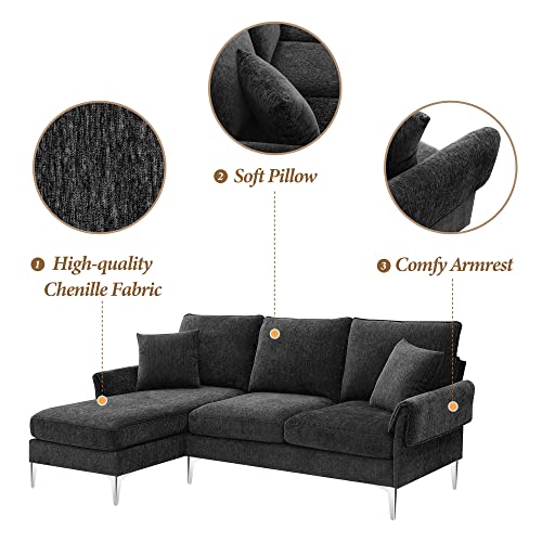 FANYE 84" L-Shaped Upholstered Corner Sectional Sofa 3 Seaters Sofa & Couch,Modern Chenille Upholstery Metal Legs Couch with Reversible Chaise and 2 Pillows for Home Apartment Office Living Room